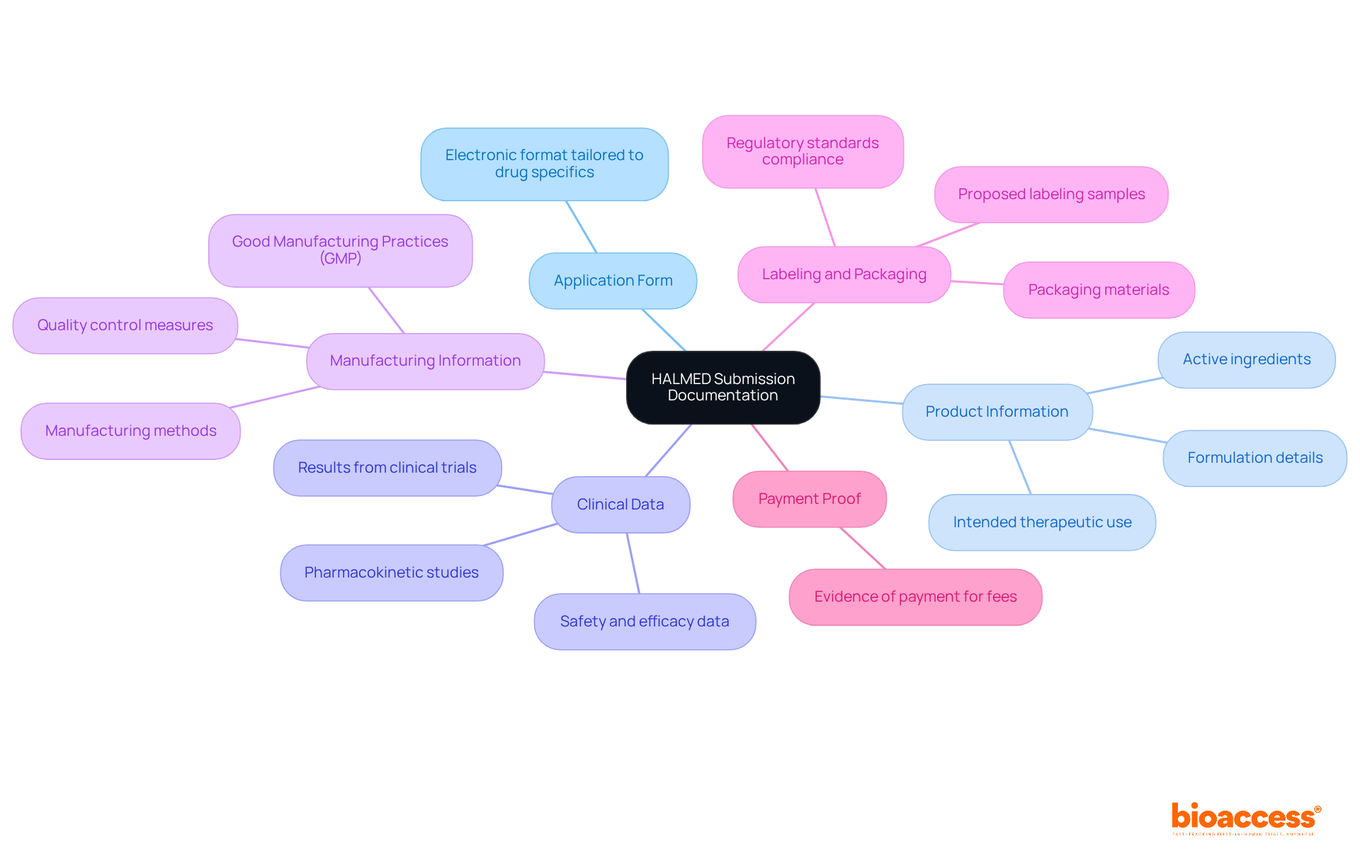 The central node represents the submission process, while each branch shows a required document. Follow the branches to see what each document entails and how they contribute to a successful submission.