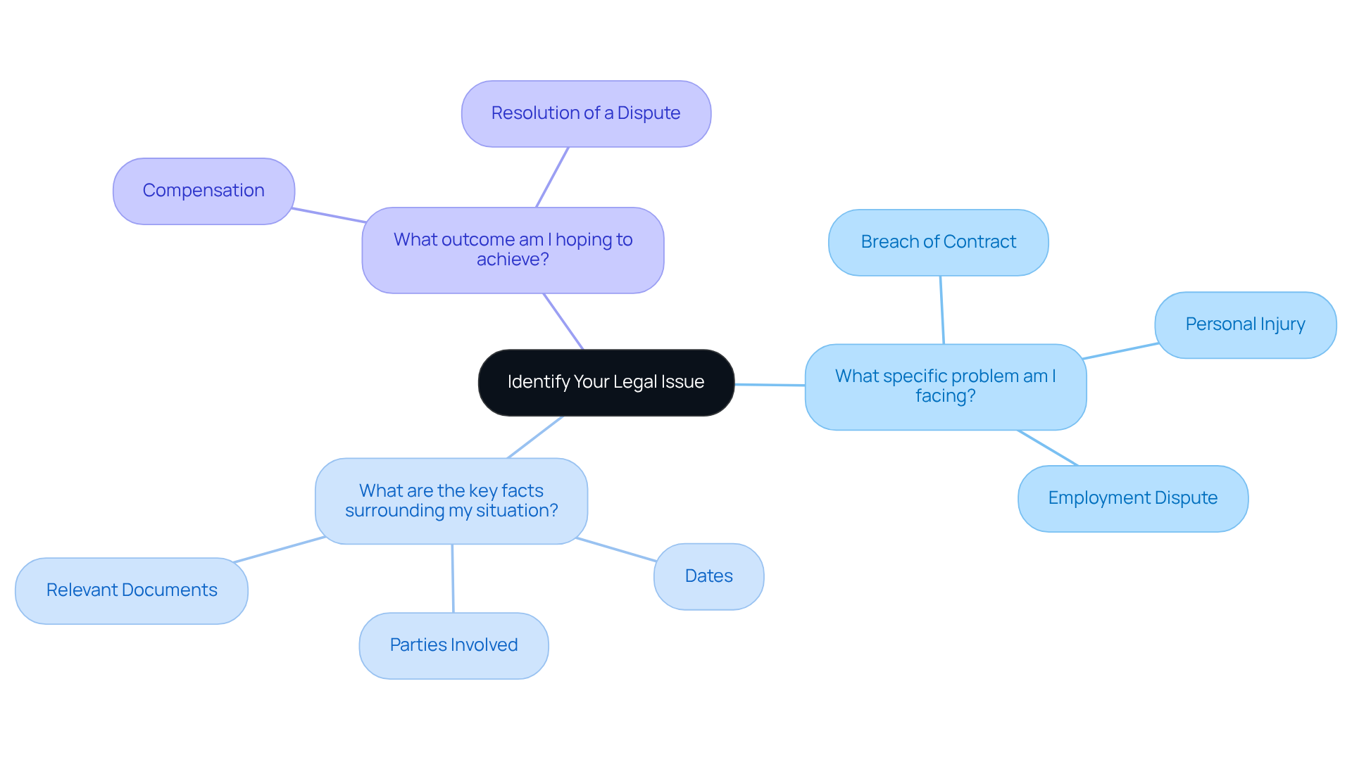 The center represents the main topic of identifying your legal issue. Each branch shows a key question to consider, and the sub-branches provide examples or details to help clarify your situation.