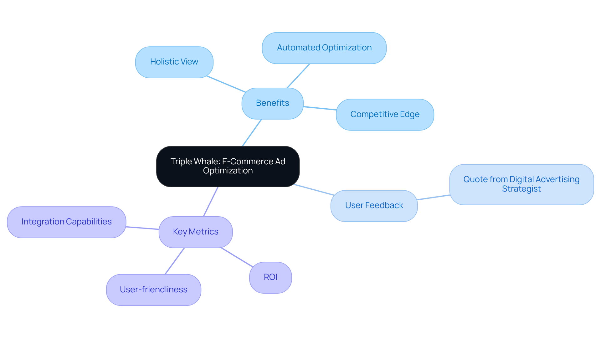 The center represents Triple Whale's tools, with branches showing benefits, user insights, and important metrics to consider when choosing ad optimization solutions.