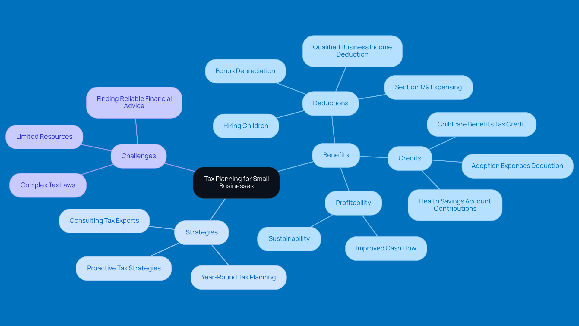 Start at the center with the main idea of tax planning, then explore the branches to see the various benefits and strategies that can help small businesses thrive. Start at the center with the main idea of tax planning, then explore the branches to see the various benefits and strategies that can help small businesses thrive.
