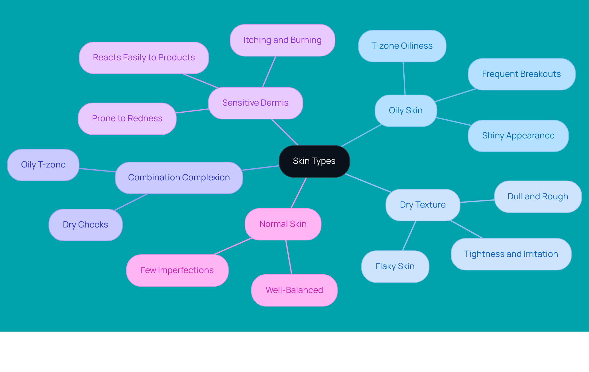 The center represents the concept of skin types, while each branch showcases a different type of skin, along with its unique characteristics. This helps you quickly identify which category your skin falls into.