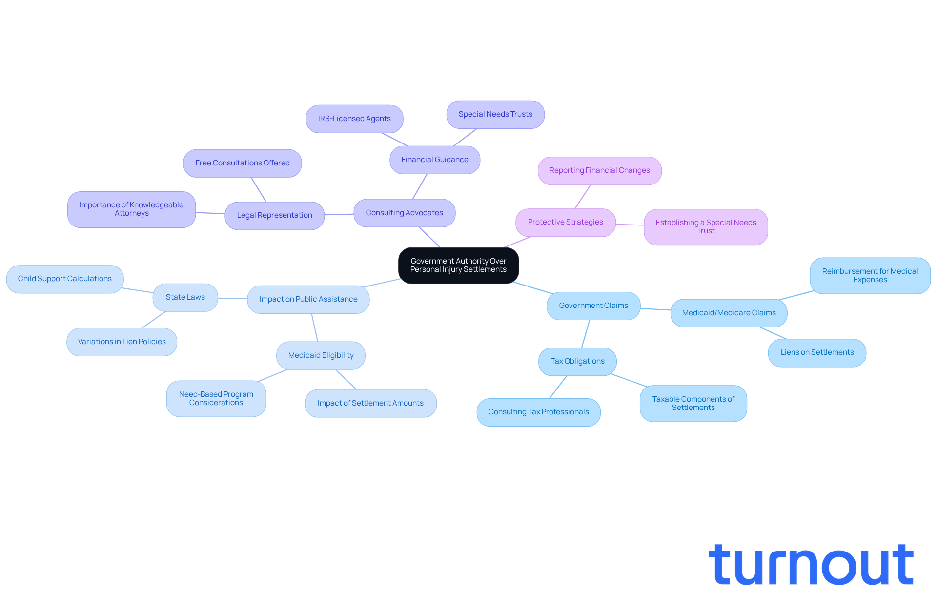 The central node represents the main topic, while the branches show related issues. Each color-coded branch helps you see how different aspects of government authority can affect personal injury settlements. The central node represents the main topic, while the branches show related issues. Each color-coded branch helps you see how different aspects of government authority can affect personal injury settlements.