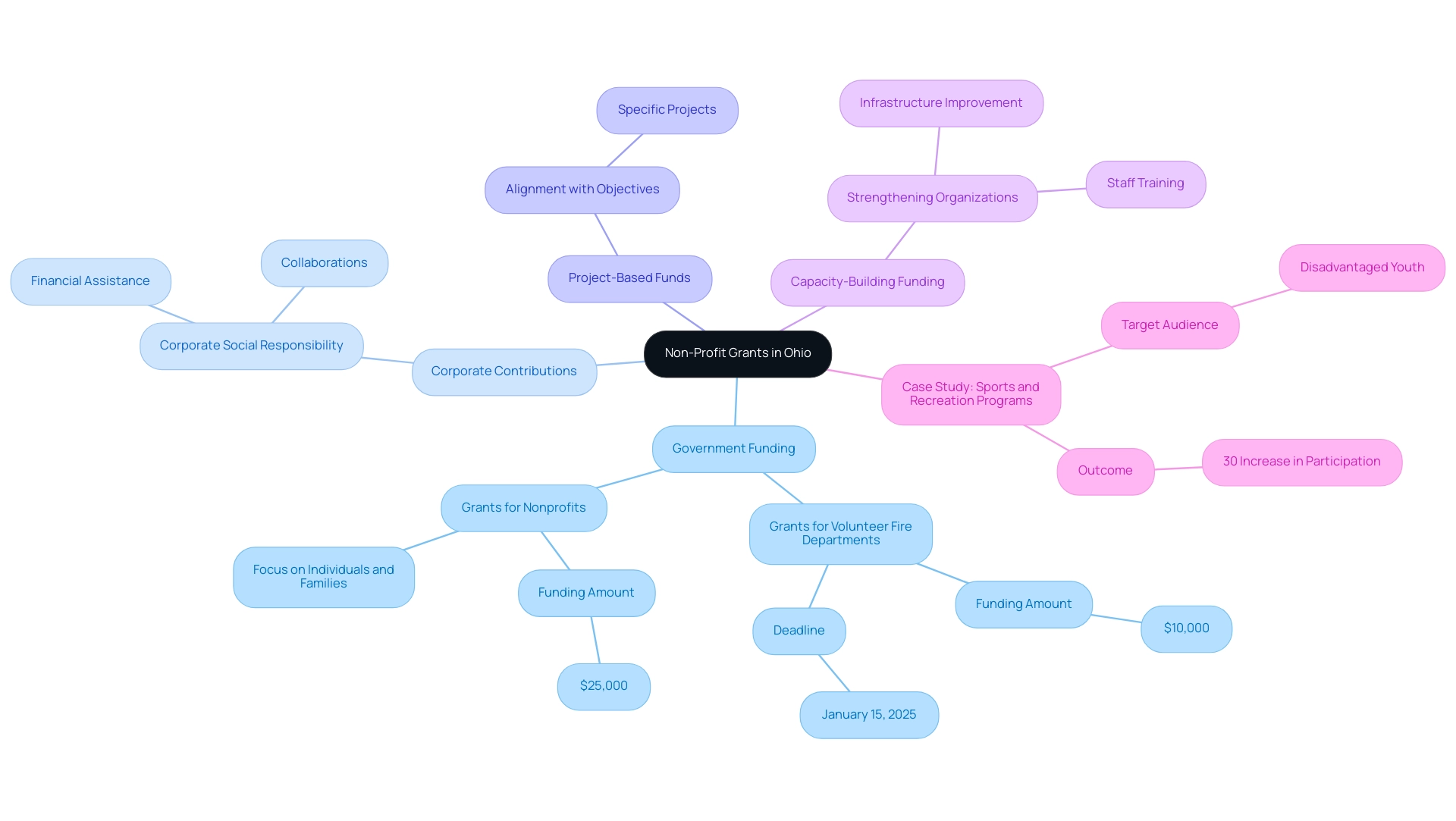 Each branch represents a type of non-profit grant, with sub-branches providing details and examples related to that funding type. Each branch represents a type of non-profit grant, with sub-branches providing details and examples related to that funding type.
