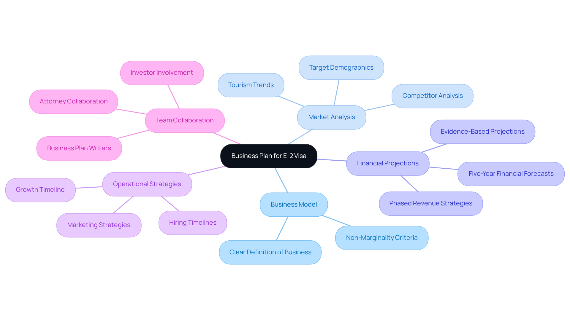 The center represents your overall business plan for the E-2 Visa. Each branch shows major components you need to consider, and the sub-branches provide details on what to include in each section.