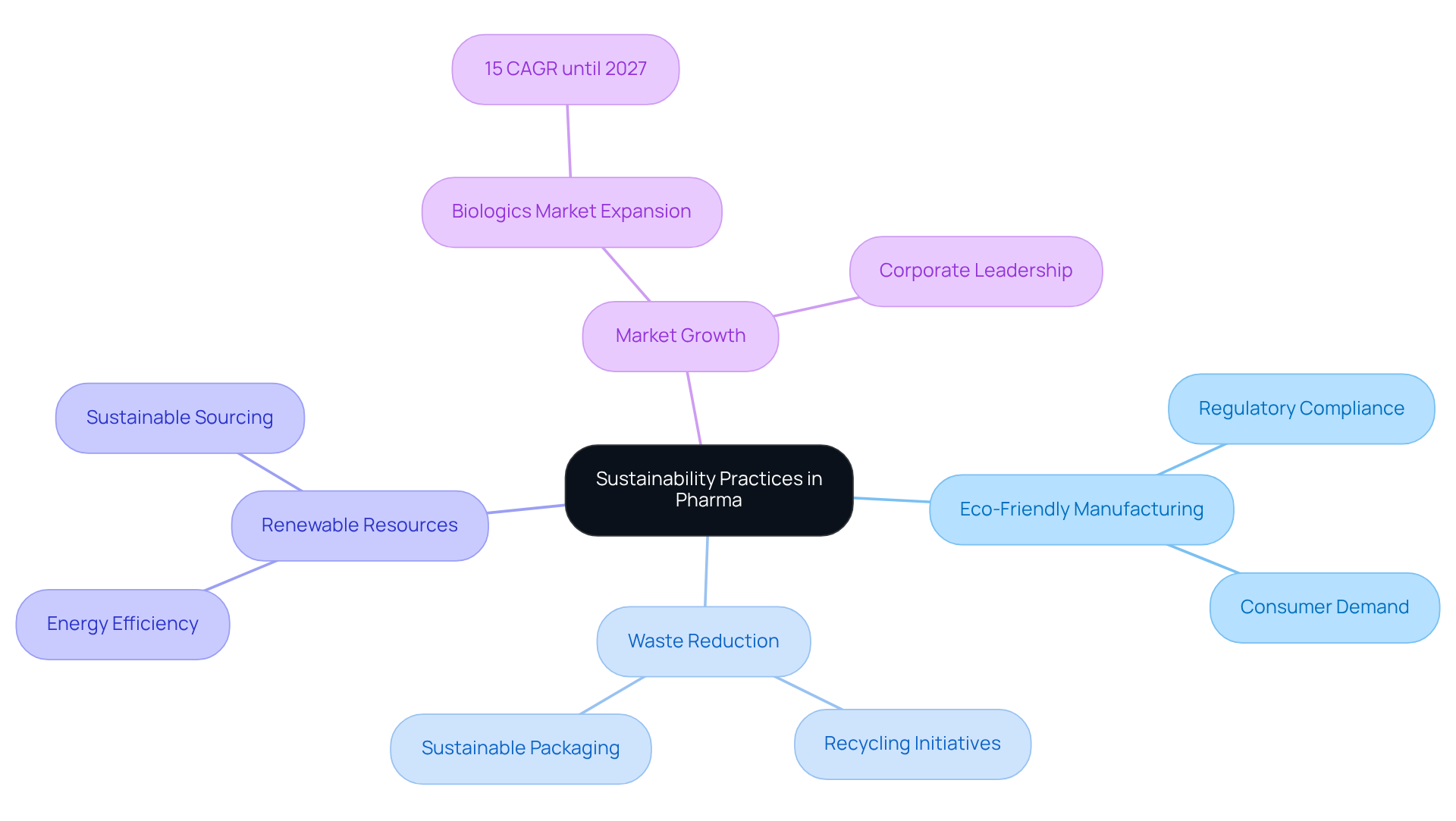 The central node represents the main theme of sustainability. Each branch shows a specific area of focus, and sub-branches detail important strategies and outcomes related to that focus.