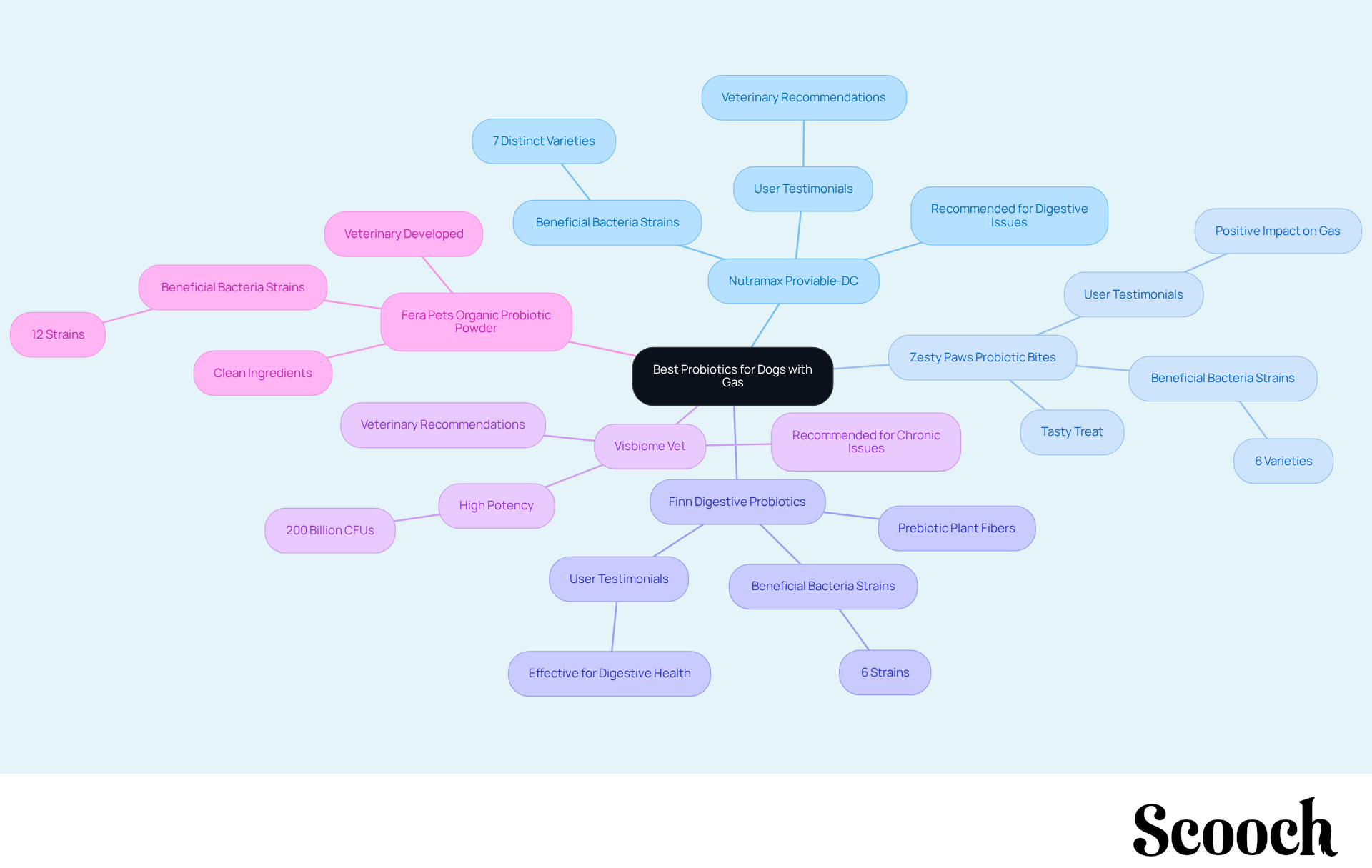 The center shows the main topic, with branches leading to each probiotic product. Each branch includes key features and benefits, helping you see at a glance which probiotics might work best for your dog's digestive health.