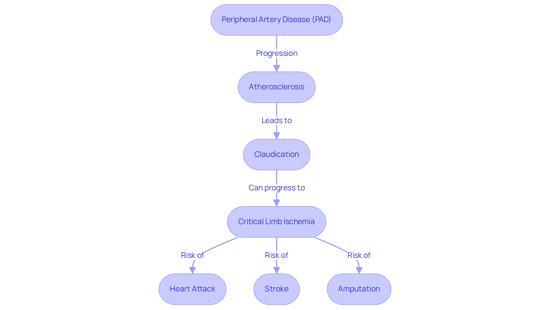 This flowchart shows how Peripheral Artery Disease progresses through various stages. Each box represents a stage or complication, and the arrows indicate the potential consequences of untreated PAD. Follow the flow to understand how early intervention can help prevent serious health issues.