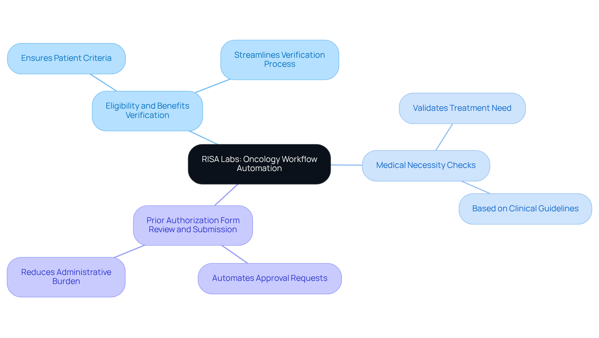 The center represents RISA Labs' main focus on automating oncology workflows. Each branch shows a key feature of their platform, illustrating how these elements work together to improve efficiency and patient care.