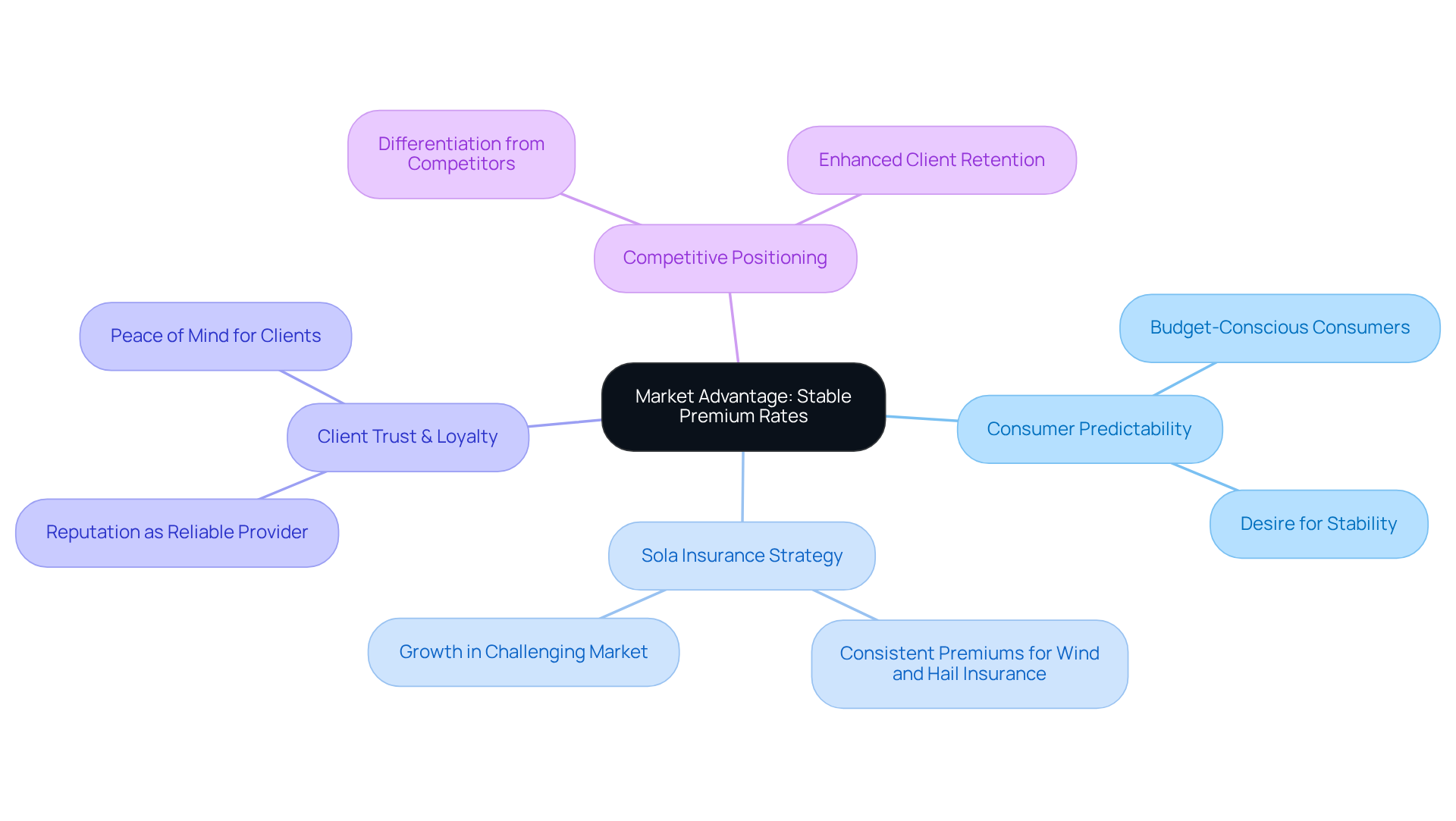 The center represents the main advantage of stable premium rates, while the branches show how this strategy impacts consumers, the company's approach, and its competitive edge. Follow the branches to understand how each aspect contributes to attracting clients.