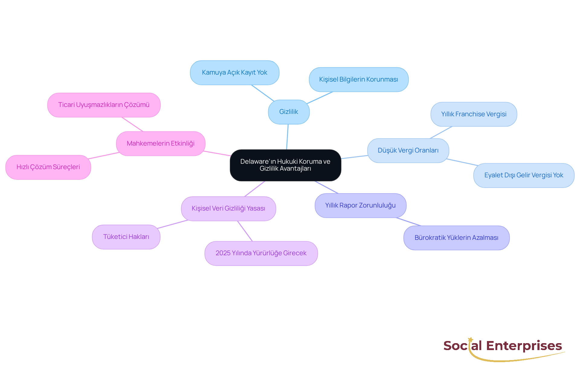 Merkezdeki konu Delaware'ın sunduğu avantajlar. Her dal, belirli bir avantajı veya özelliği temsil ediyor. Renkli dallar sayesinde hangi konunun hangi avantajı içerdiğini kolayca görebilirsiniz.