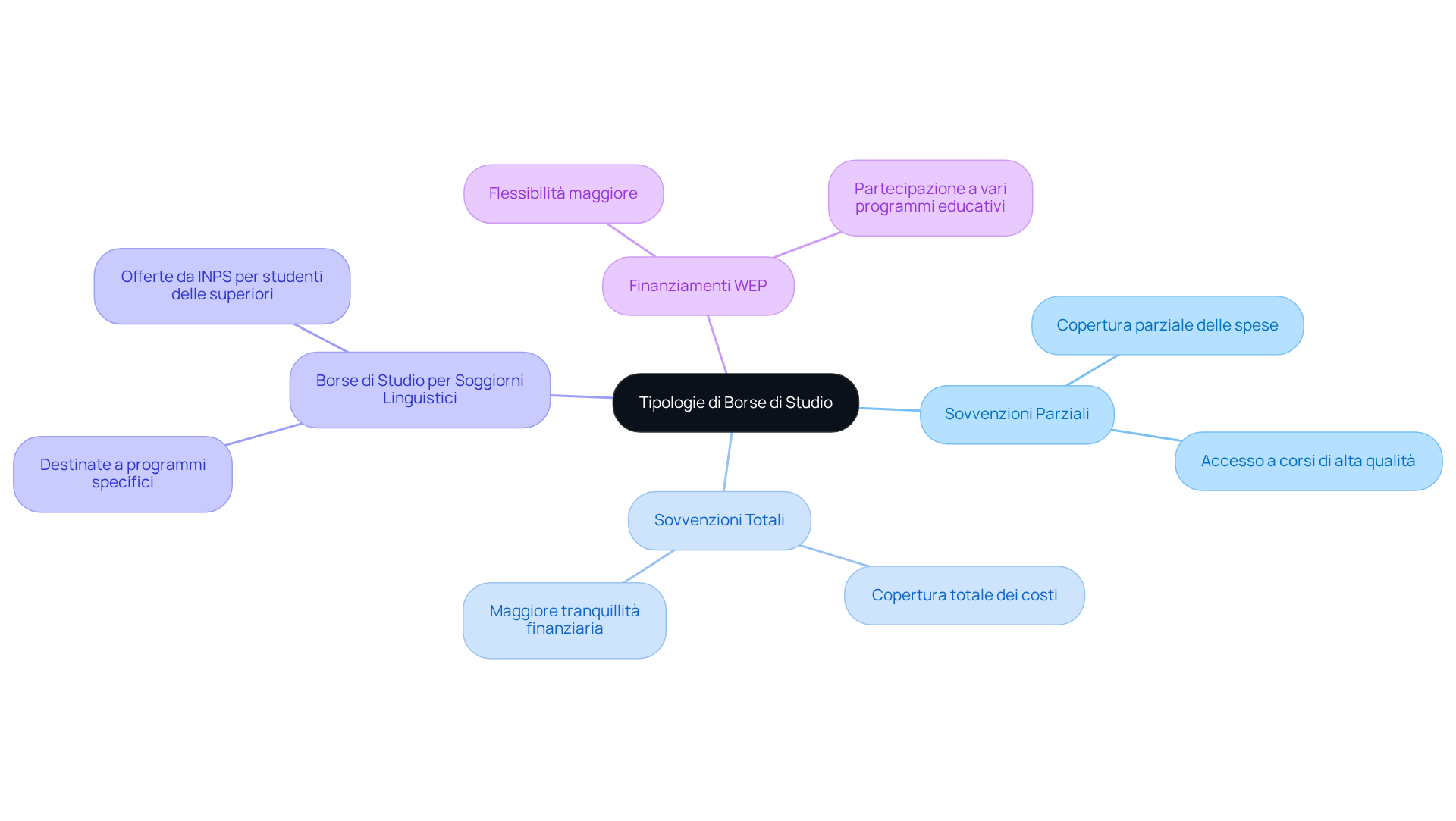 Inizia al centro con le borse di studio, poi segui i rami per scoprire le diverse categorie e i loro vantaggi. Ogni ramo rappresenta una tipologia di sovvenzione con le sue specifiche.