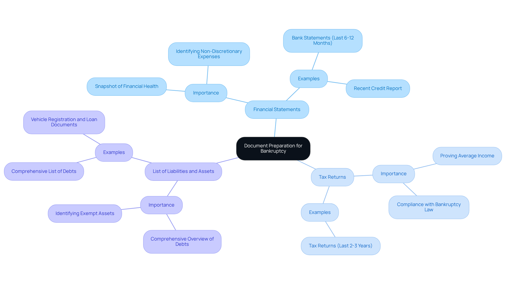 The center represents the main focus on document preparation, while the branches show the specific documents needed and their significance in the filing process.