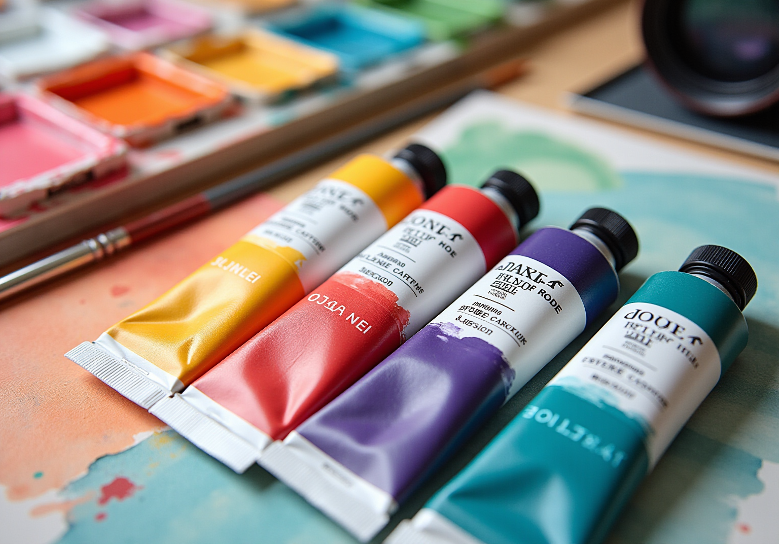 Vibrant Watercolor Palette in Artist's Studio Vibrant Watercolor Palette in Artist's Studio