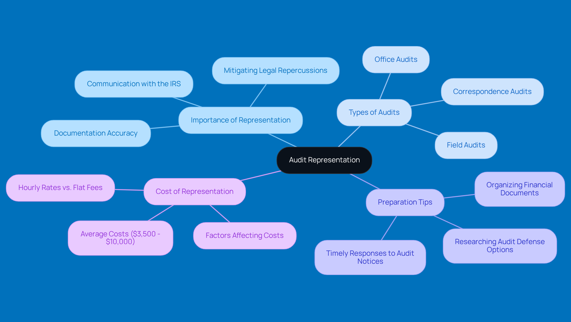 The central node represents the main topic of audit representation, while the branches show important aspects like why it's needed, the types of audits you might face, how to prepare, and the costs involved. Follow the branches to explore each area in detail.