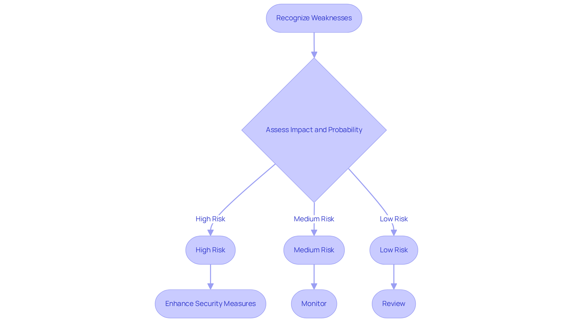 Follow the flow from recognizing weaknesses to assessing risks. The outcome leads to actions based on the risk level: high risks require immediate attention, medium risks are monitored, and low risks are reviewed periodically. Follow the flow from recognizing weaknesses to assessing risks. The outcome leads to actions based on the risk level: high risks require immediate attention, medium risks are monitored, and low risks are reviewed periodically.