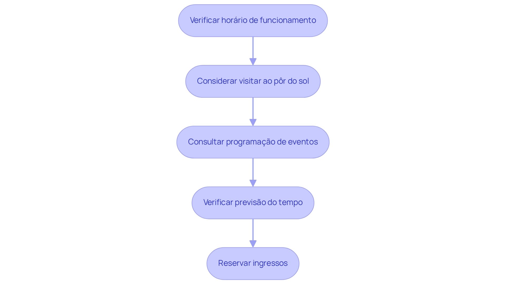 Cada caixa representa uma etapa do planejamento da visita. Siga as setas para ver a ordem em que você deve realizar cada ação para garantir uma visita agradável.