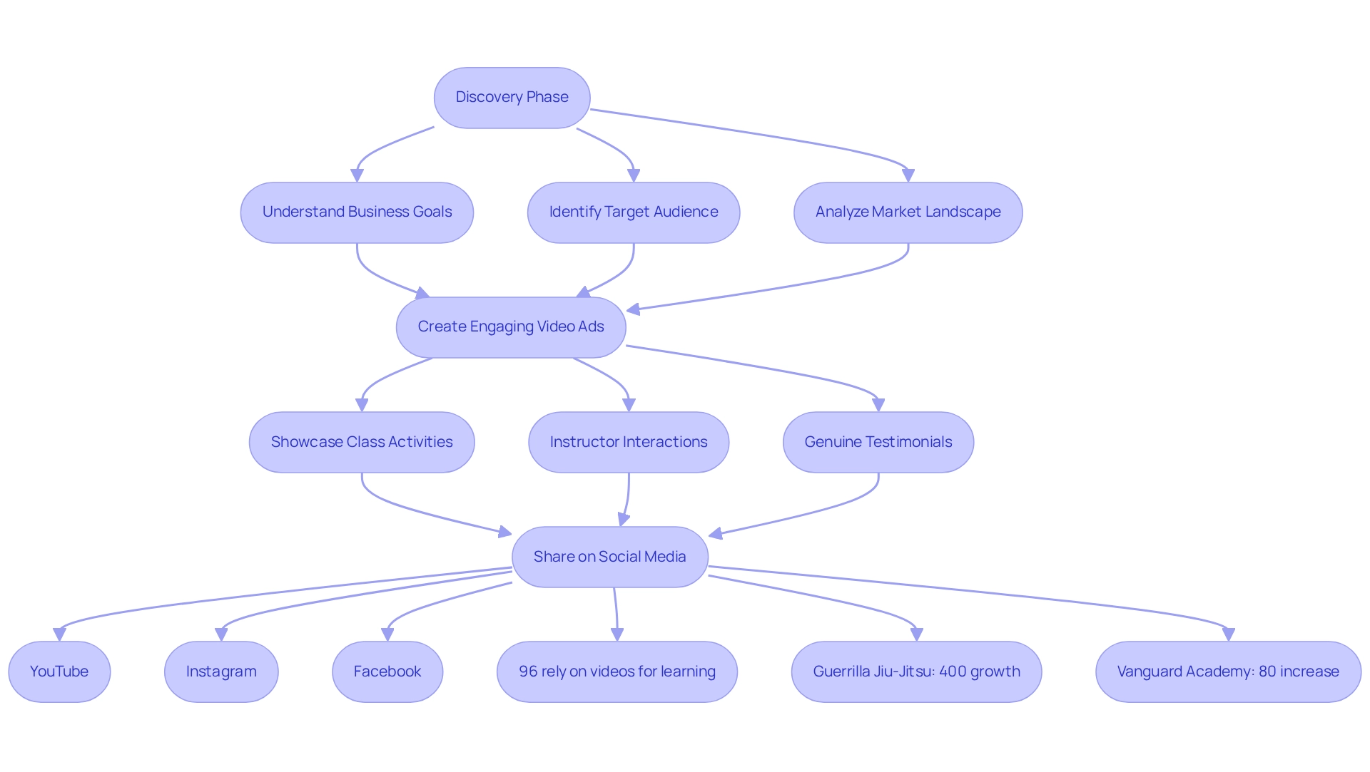 The flowchart illustrates the sequential steps in leveraging video ads, beginning with the discovery phase and leading to implementation and outcomes, with color-coded boxes representing different stages and statistics. The flowchart illustrates the sequential steps in leveraging video ads, beginning with the discovery phase and leading to implementation and outcomes, with color-coded boxes representing different stages and statistics.