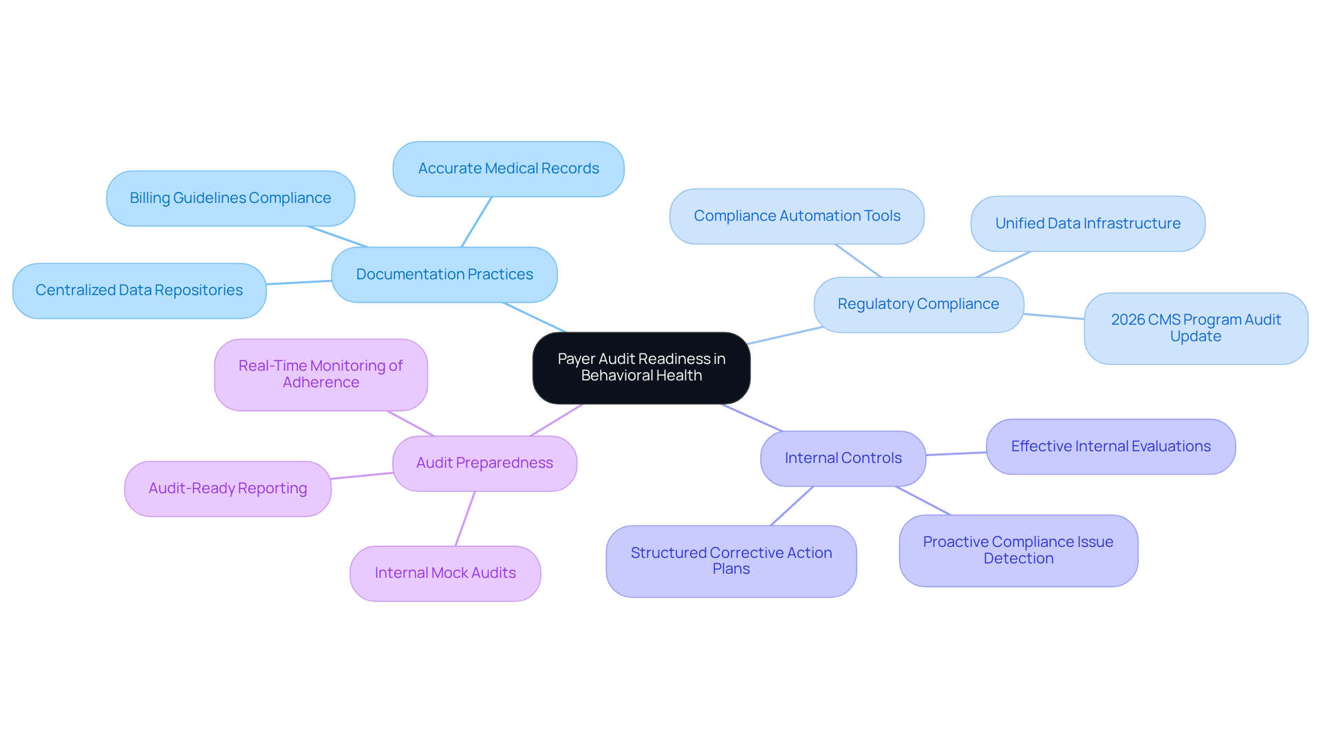 The central node represents the main topic, while the branches show key areas of focus. Each sub-branch provides specific actions or considerations related to that area, helping you understand how they all connect to the overall goal of audit readiness.