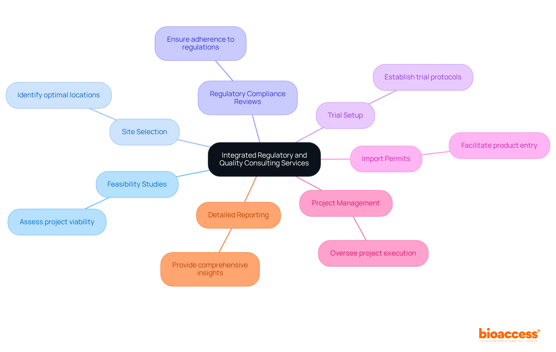 The central node represents the main service offering, and each branch shows a specific area of expertise. This layout helps to visualize how each service connects to the overall goal of supporting medical device compliance and quality.