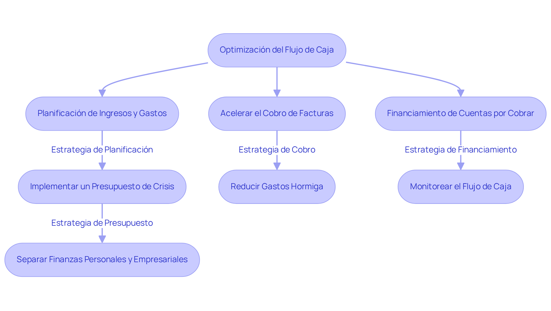 Cada cuadro representa un paso o estrategia en el proceso de optimización del flujo de caja. Sigue las flechas para entender cómo cada estrategia se conecta y contribuye al objetivo final de mantener la liquidez.