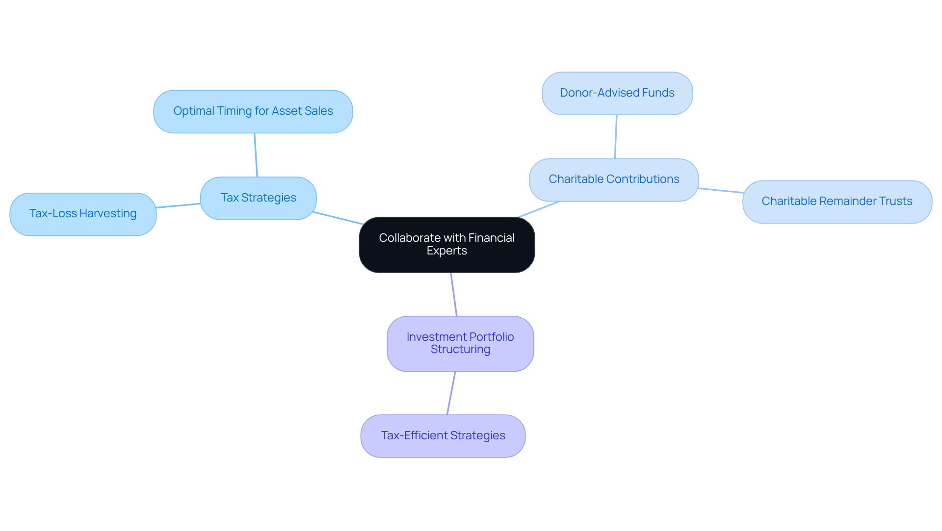 The central idea is about collaborating with financial experts. Each branch represents a key area of focus, showing how different strategies and expert roles contribute to effective financial planning. The central idea is about collaborating with financial experts. Each branch represents a key area of focus, showing how different strategies and expert roles contribute to effective financial planning.