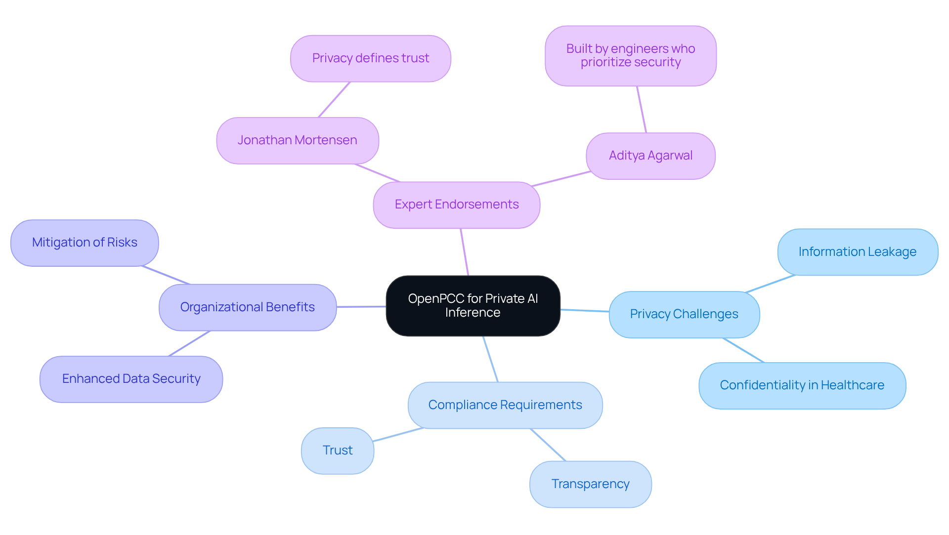 The central node represents OpenPCC, with branches showing its various aspects. Each branch highlights a different area of focus, helping you understand how OpenPCC addresses privacy and security in AI.