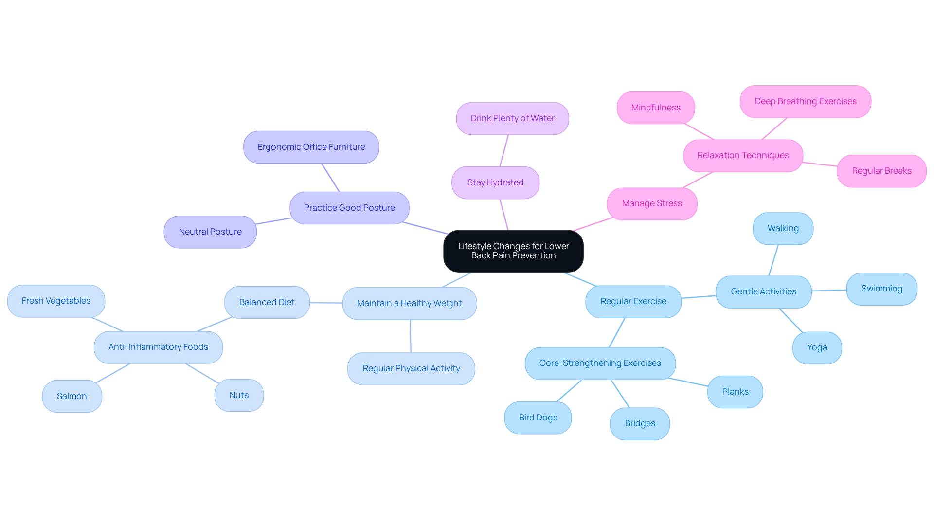 This mindmap shows various strategies to help prevent lower back pain. Start at the center with the main idea, then follow the branches to explore each strategy and its key points. Each color represents a different strategy, making it easy to see how they all connect to improving your health. This mindmap shows various strategies to help prevent lower back pain. Start at the center with the main idea, then follow the branches to explore each strategy and its key points. Each color represents a different strategy, making it easy to see how they all connect to improving your health.