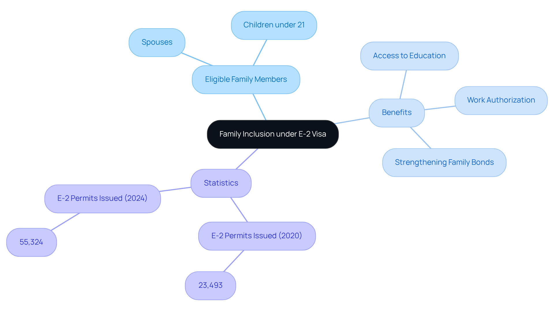 At the center is the main topic of family inclusion, with branches showing who can join, the benefits they receive, and important statistics. Each branch represents a key point, helping you understand how families are supported during the E-2 visa process.