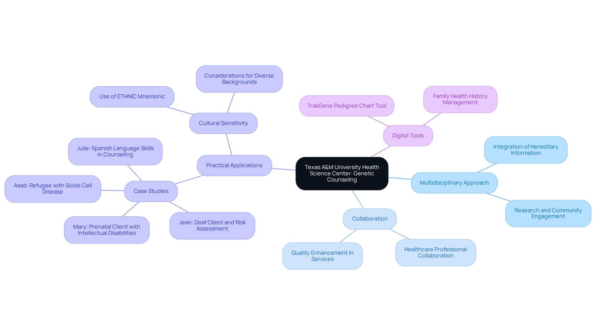 The center node represents the program, while branches show key focus areas. Each sub-branch provides more detail on specific aspects, helping you see how everything connects in the context of genetic counseling.