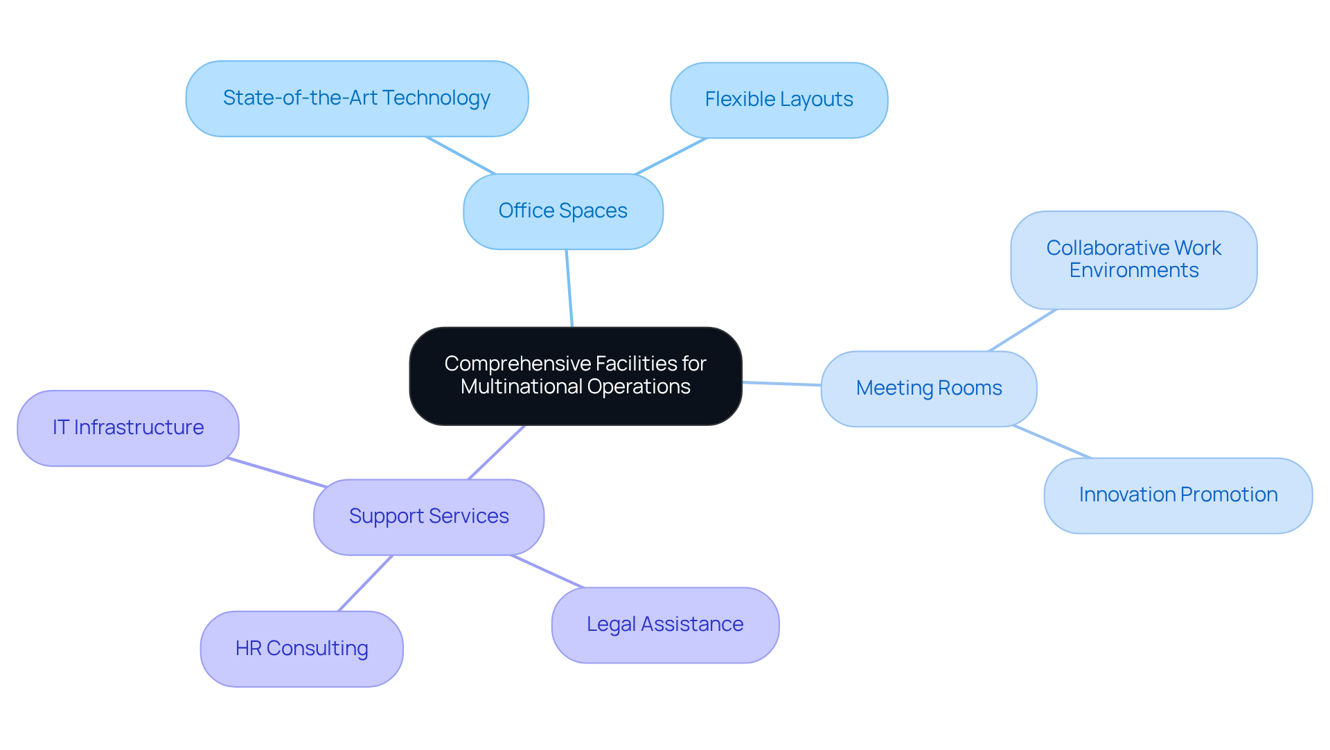 The center represents the main theme, while the branches show different types of facilities and services that help multinational companies thrive. Each branch highlights how these elements work together to create an effective operational environment.