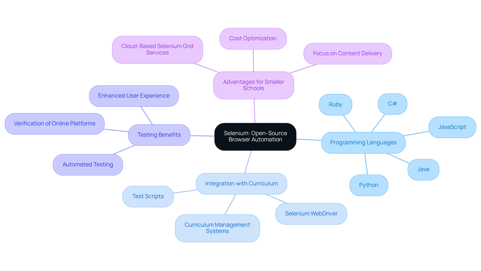 Start at the center with Selenium as the main topic, then explore the branches to see how it supports various programming languages, integrates into educational systems, and benefits smaller schools.
