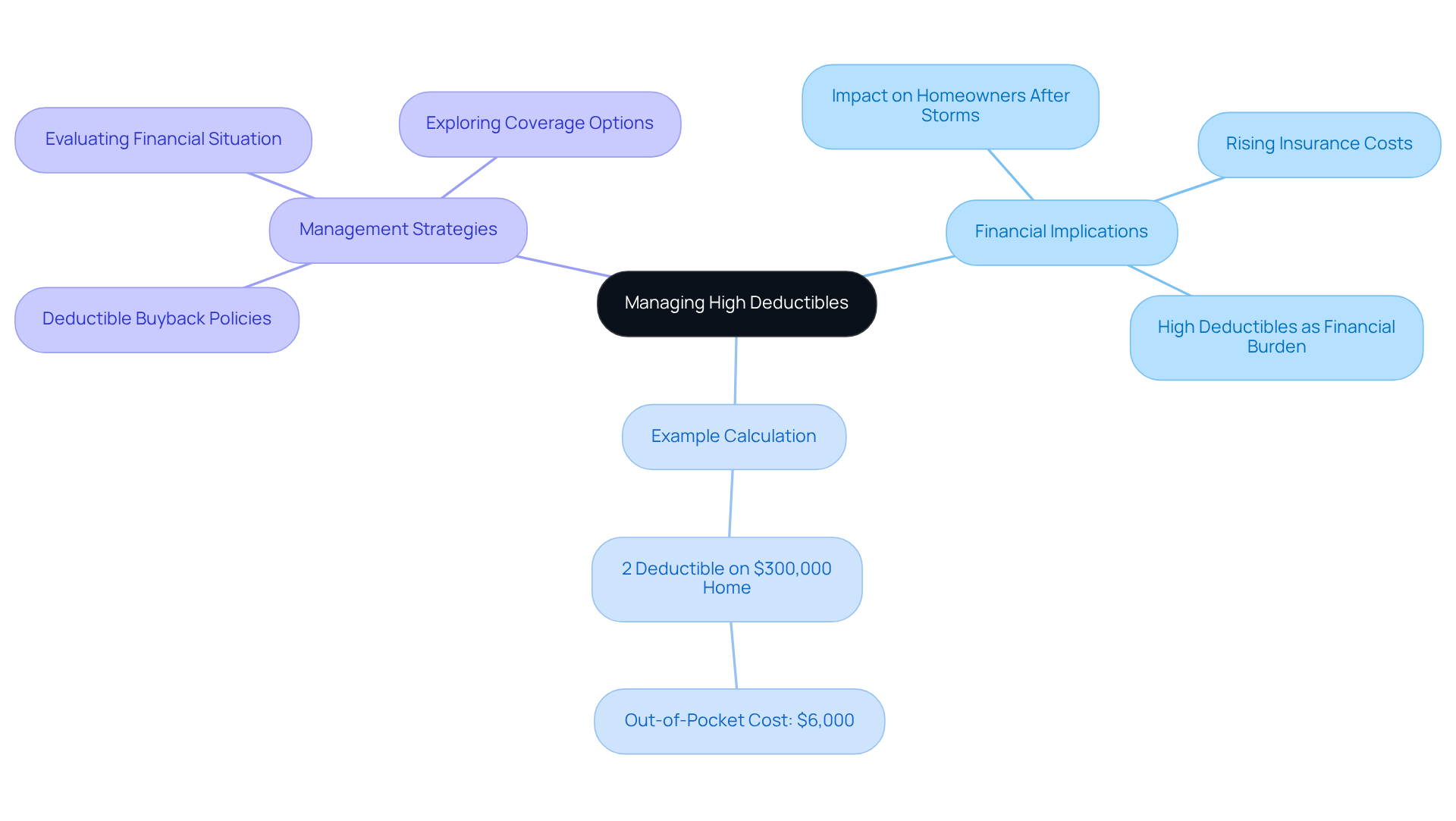 Start at the center with the main topic, then explore the branches to understand the financial implications, see a specific example, and discover strategies for managing high deductibles.
