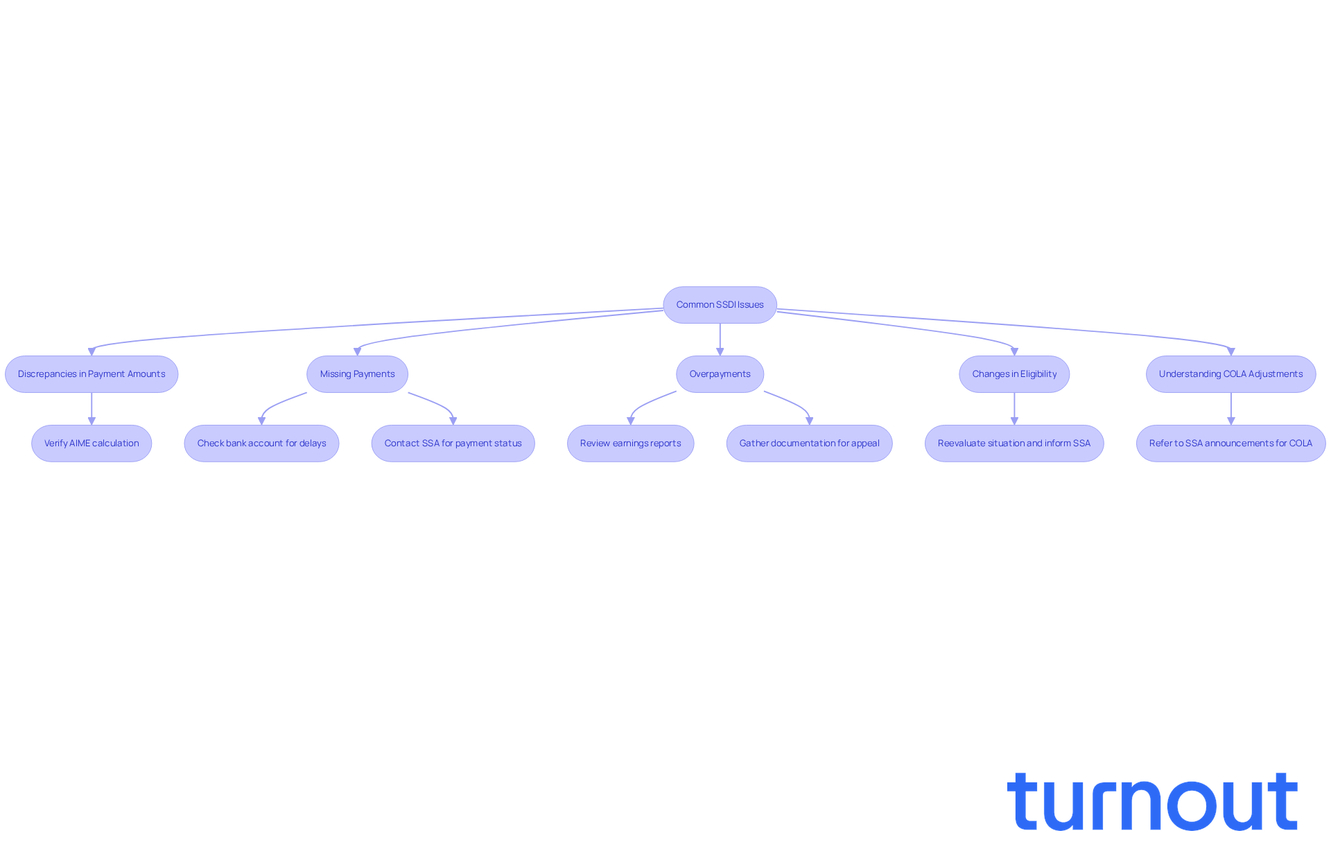 Each box represents a common issue you might face with your SSDI payments. Follow the arrows to see the steps you can take to resolve each problem. This flowchart is designed to help you navigate your concerns with clarity and confidence.