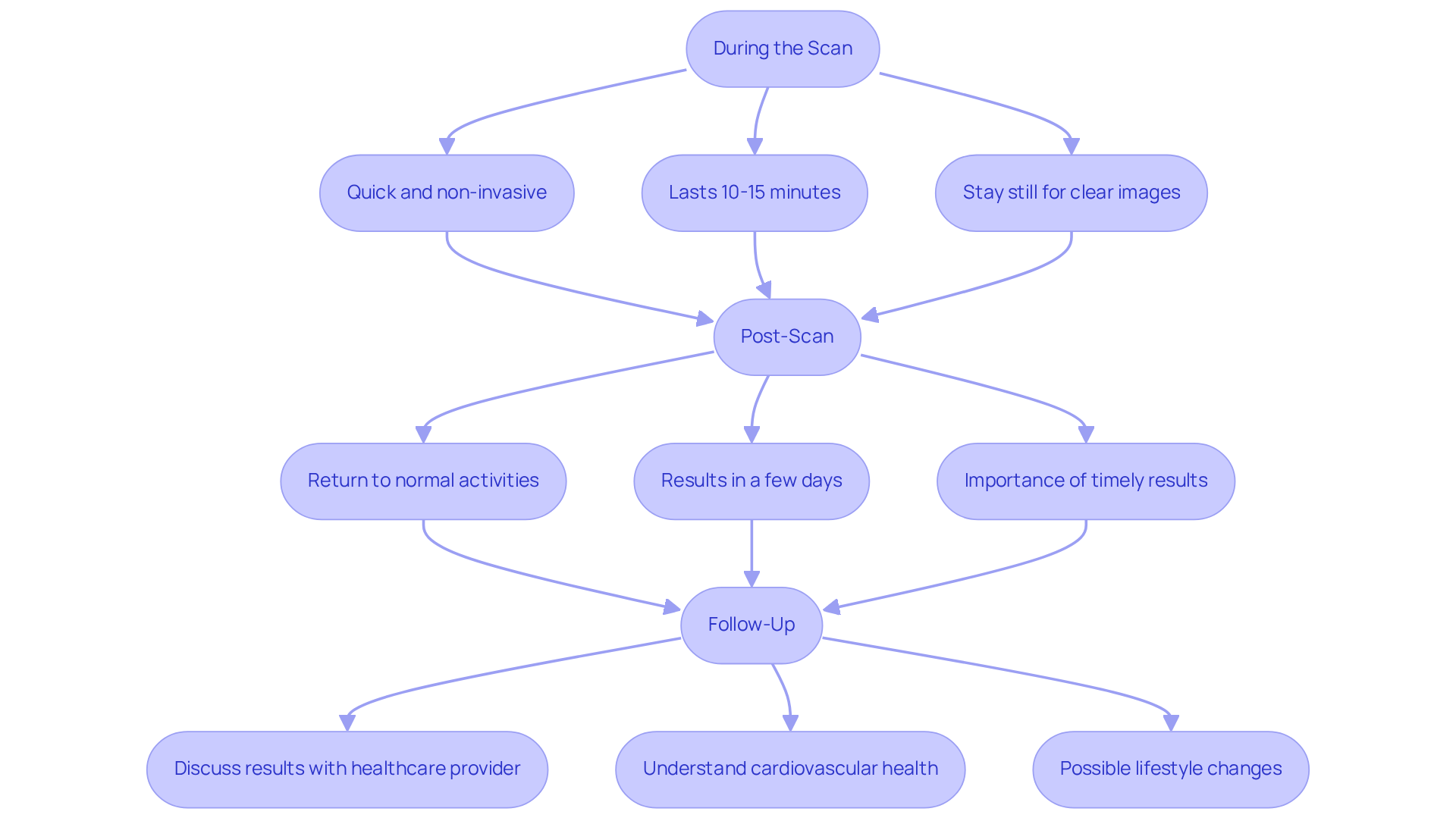 This flowchart guides you through the process of a cardiac calcium scan. Each box represents a stage: what happens during the scan, what you can do afterward, and the importance of following up with your doctor. Follow the arrows to see how each step connects!