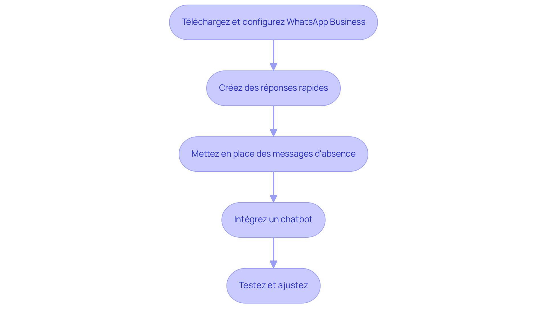 Chaque étape représente une action à réaliser pour automatiser vos ventes sur WhatsApp. Suivez les flèches pour voir comment chaque étape mène à la suivante. Chaque étape représente une action à réaliser pour automatiser vos ventes sur WhatsApp. Suivez les flèches pour voir comment chaque étape mène à la suivante.