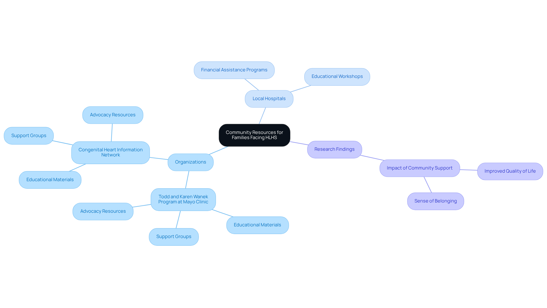 The central node represents the main topic, while branches show different resources and support options available. Each color-coded branch helps you see how various organizations and services connect to support families dealing with HLHS.