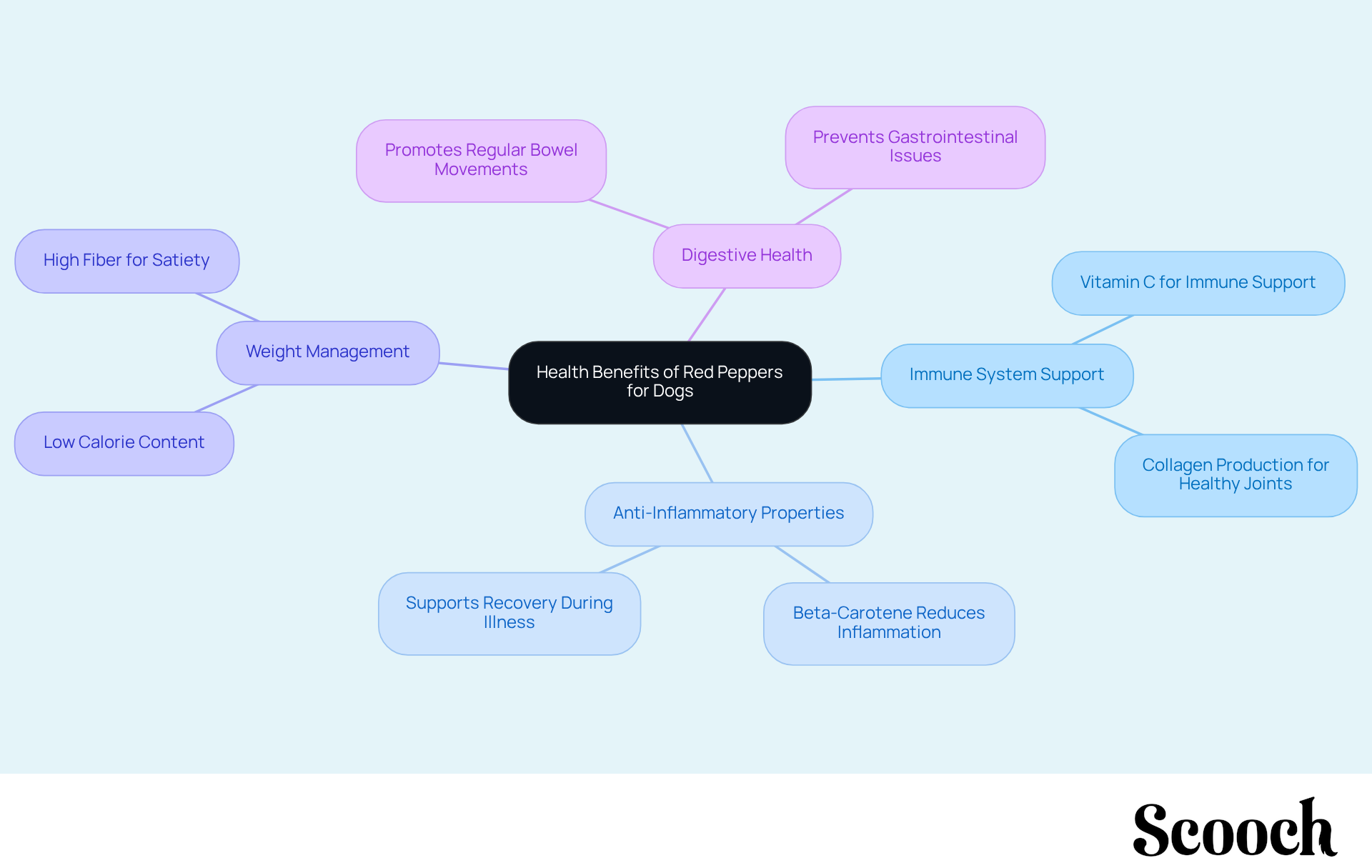 The central node shows the main topic, while the branches represent different health benefits of red peppers. Explore each branch to learn how they contribute to your dog's health!
