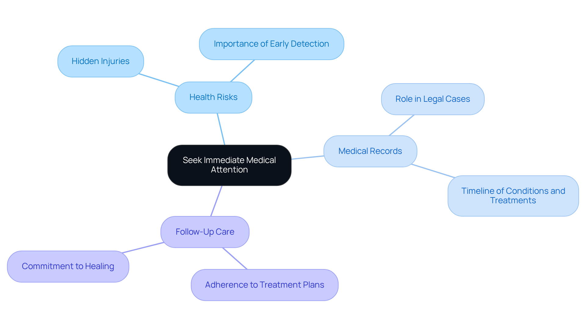 The central idea is about seeking medical care, with branches showing why it's crucial. Each branch highlights a key reason, helping you understand the broader implications for health and legal rights.