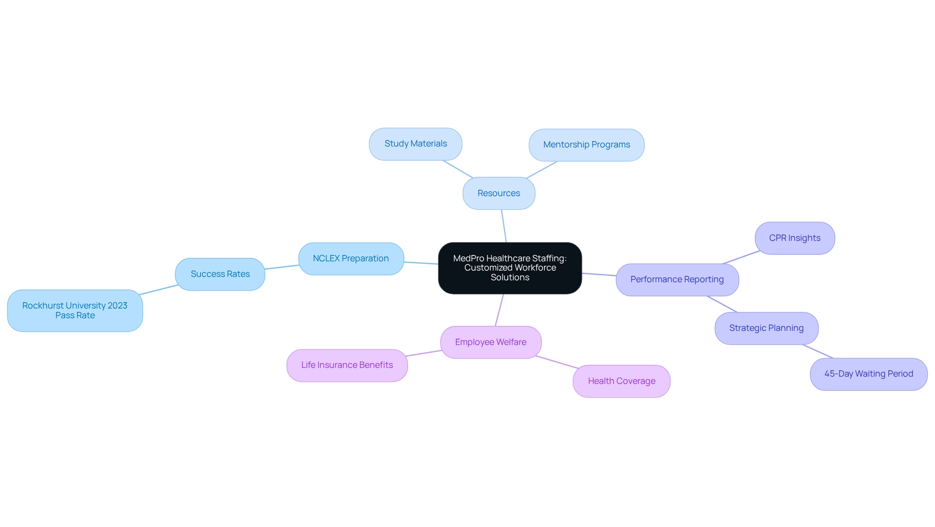 The center represents MedPro's overall focus on workforce solutions, while branches show specific areas of emphasis — this helps visualize how each part supports nursing professionals in their NCLEX preparations.