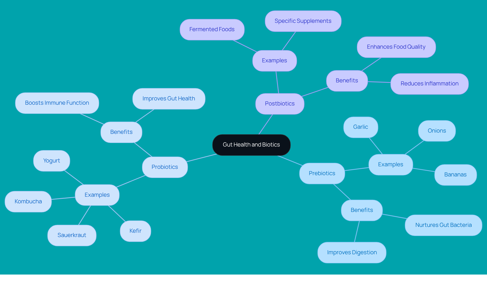 The center represents the overall theme of gut health, while the branches show the three types of biotics. Each sub-branch provides examples and benefits, helping you understand how they work together for better health.