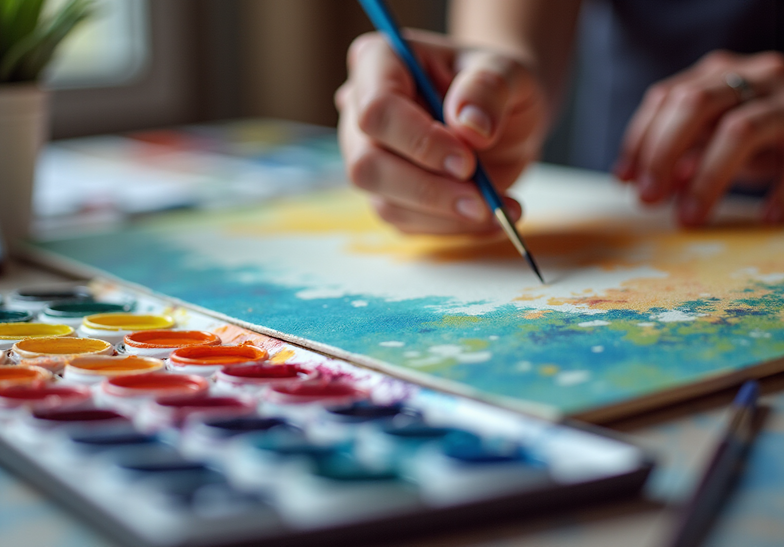 Artistic Workspace with Winsor & Newton Cotman Watercolor Set