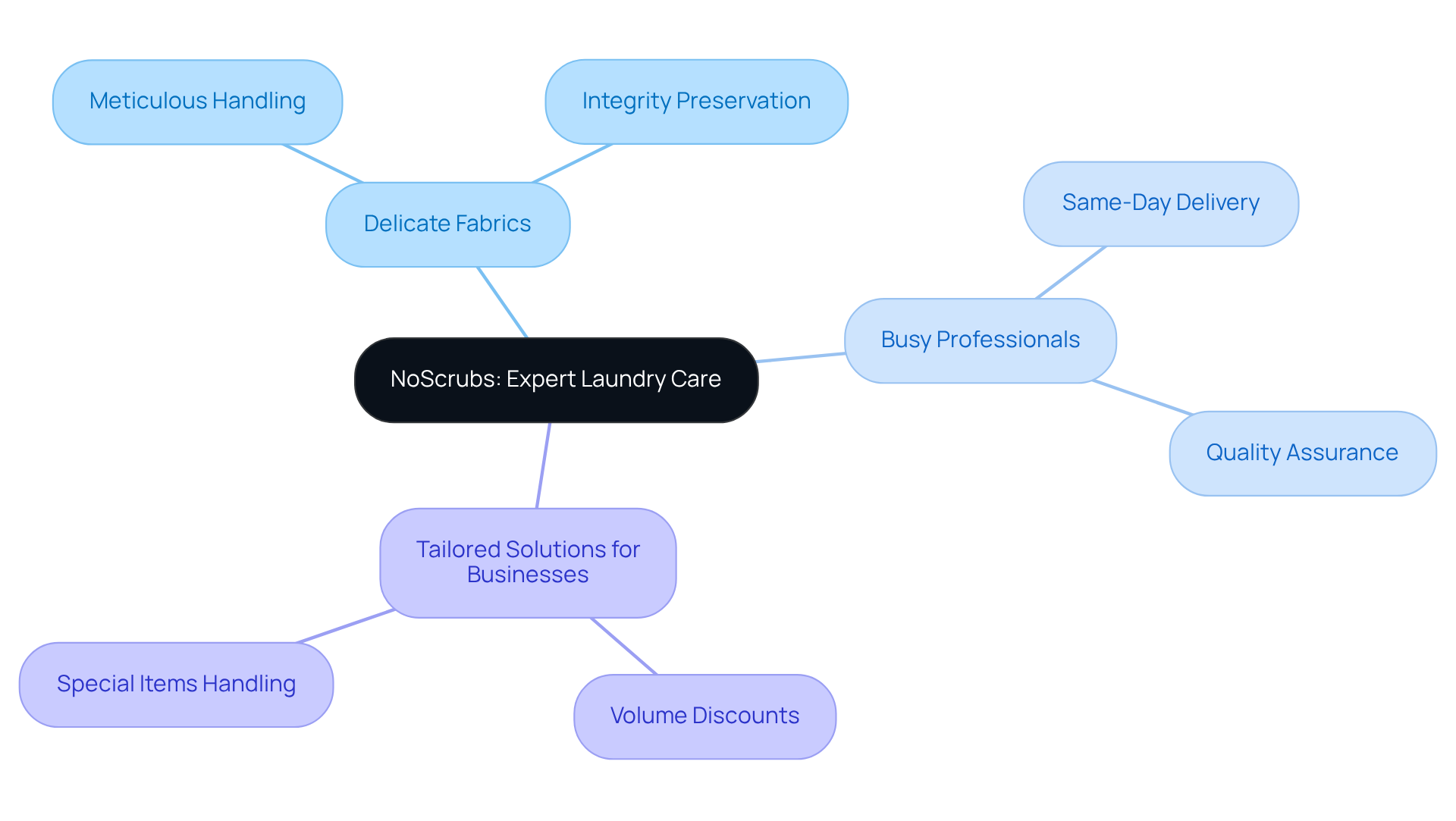 Start at the center with NoScrubs' expert care, then explore how they cater to delicate fabrics, busy professionals, and businesses. Each branch shows a different aspect of their service, helping you understand their comprehensive approach to laundry care. Start at the center with NoScrubs' expert care, then explore how they cater to delicate fabrics, busy professionals, and businesses. Each branch shows a different aspect of their service, helping you understand their comprehensive approach to laundry care.