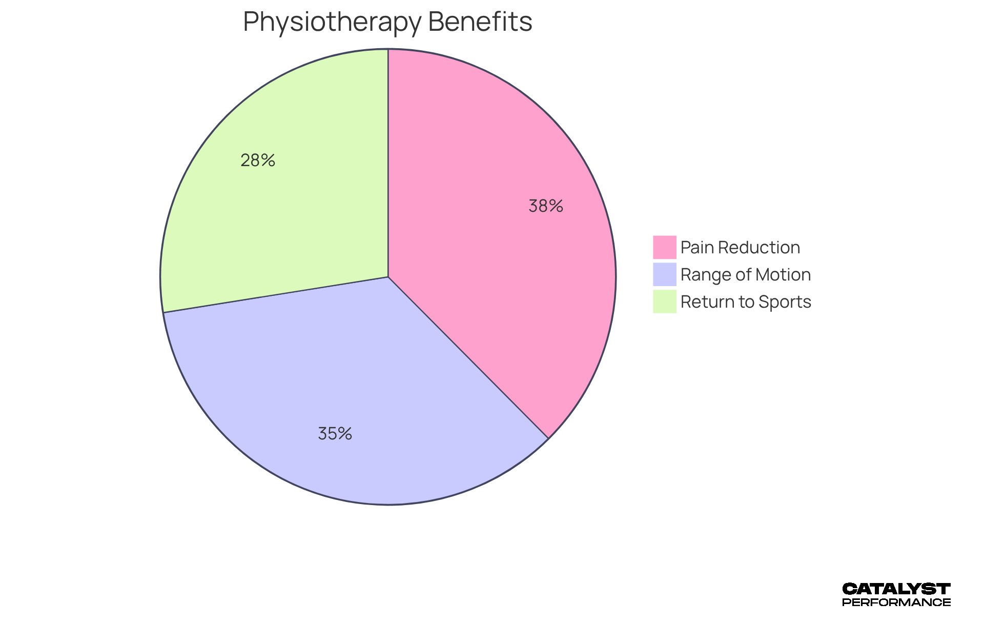 Each slice of the pie represents a different benefit of physiotherapy: the larger the slice, the more patients experienced that benefit. Blue shows pain reduction, green indicates improved range of motion, and orange represents those who returned to sports.