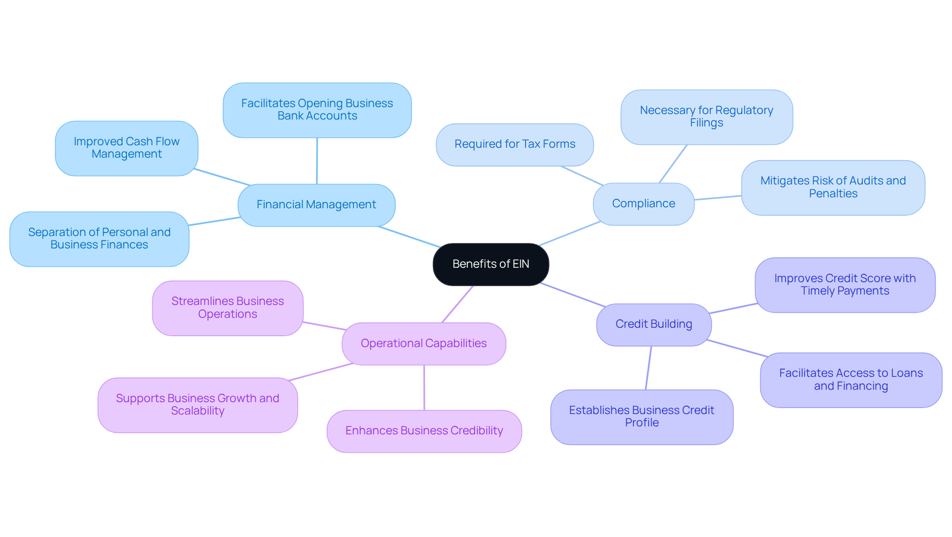 The central node represents the EIN, and each branch shows a different benefit. Follow the branches to explore how an EIN can help with finances, compliance, credit, and overall business operations. The central node represents the EIN, and each branch shows a different benefit. Follow the branches to explore how an EIN can help with finances, compliance, credit, and overall business operations.