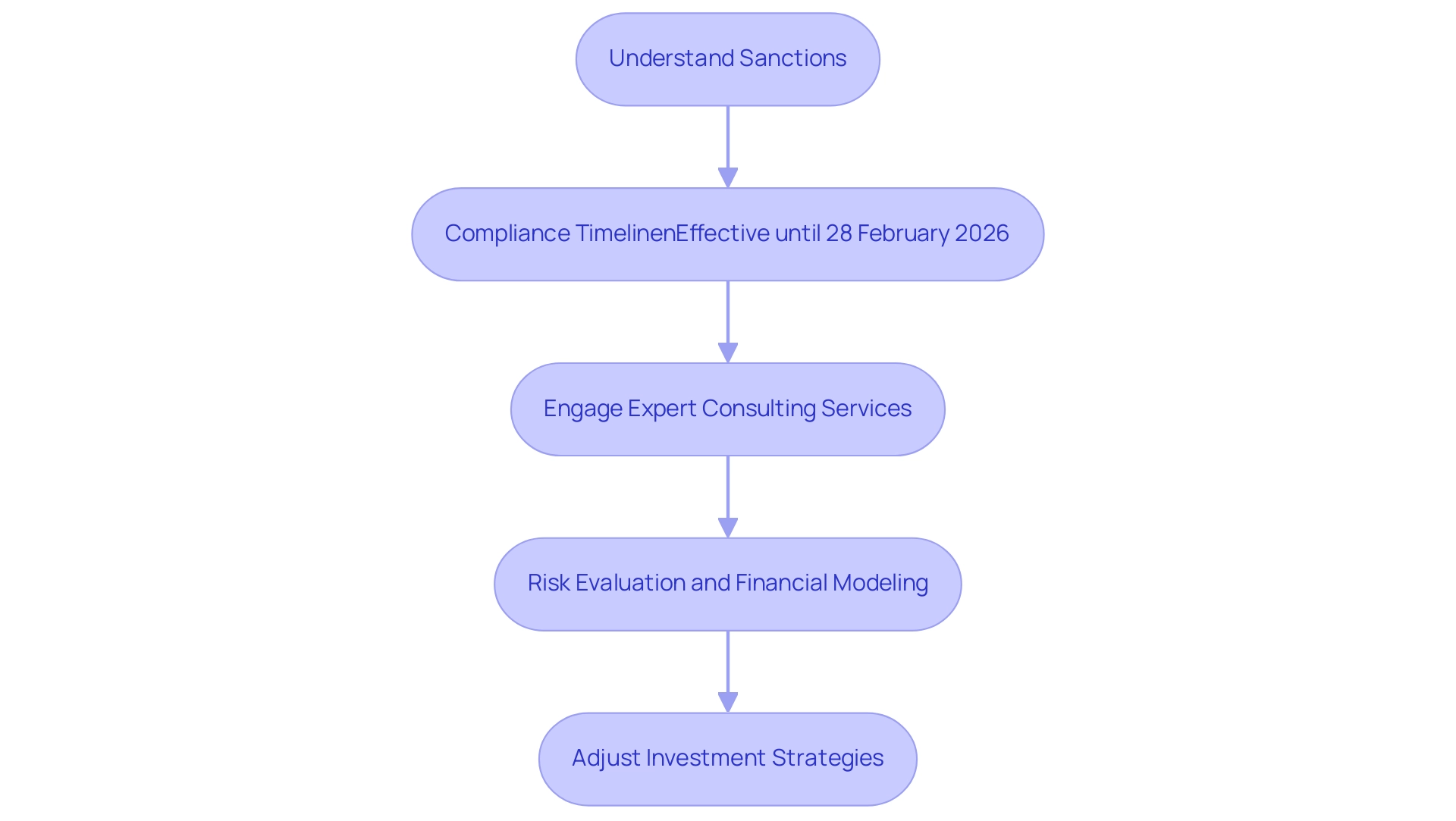 Each box represents a step in the compliance process, with arrows indicating the sequential flow from understanding sanctions to adjusting investment strategies.