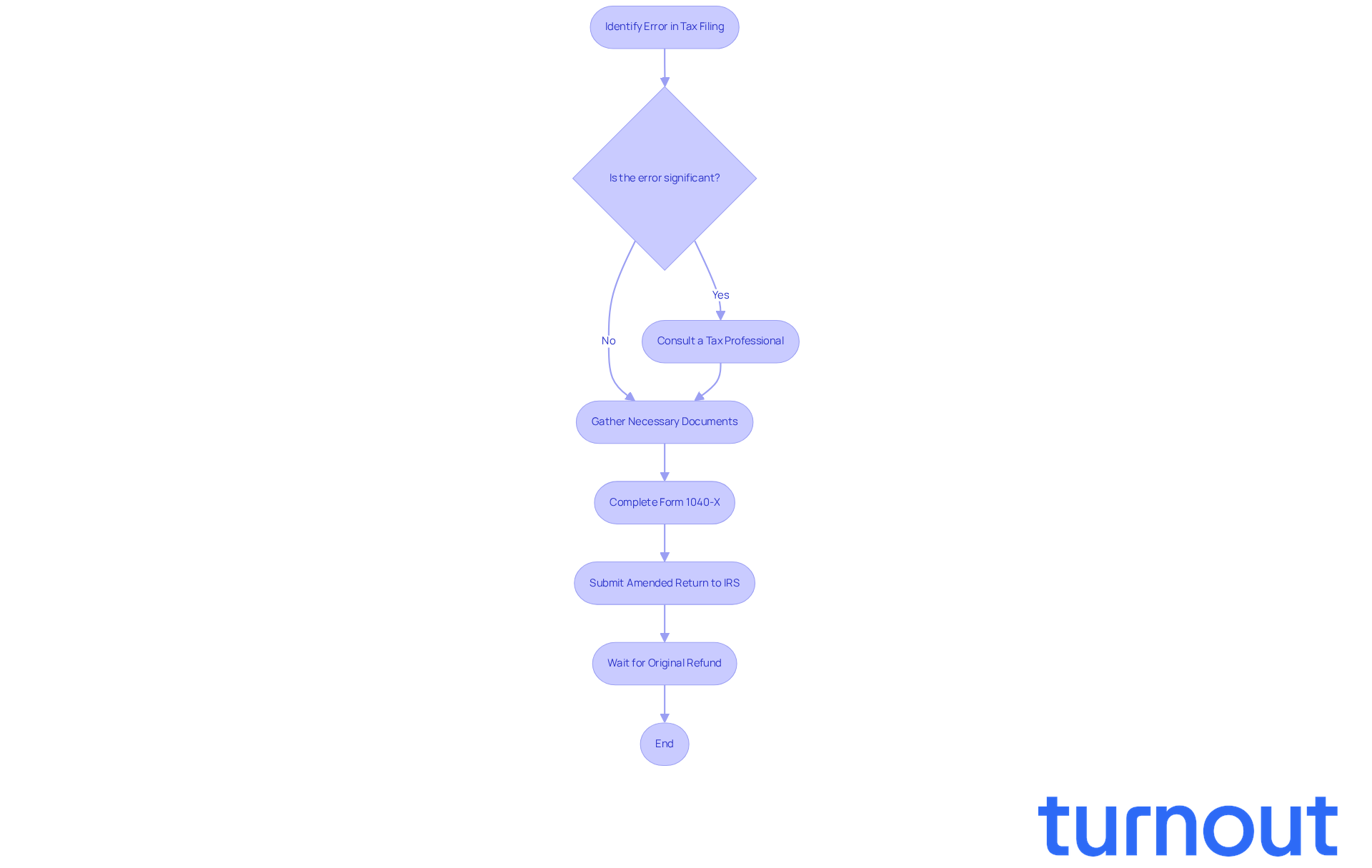 Follow the arrows to see what to do if you find an error in your tax filing. Each box represents a step in the process, and decision points help you know when to seek help.