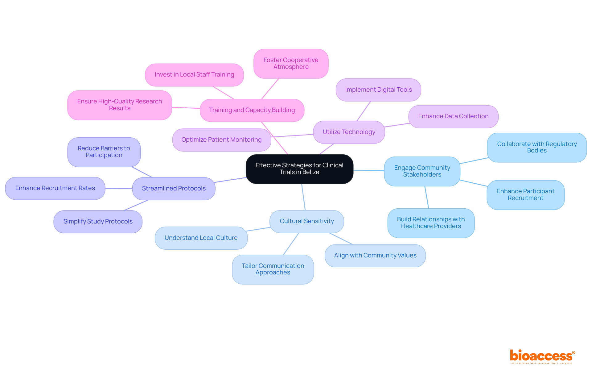 The center represents the main goal of implementing effective strategies, while each branch shows a specific strategy. Follow the branches to explore how each strategy can enhance the success of clinical trials.