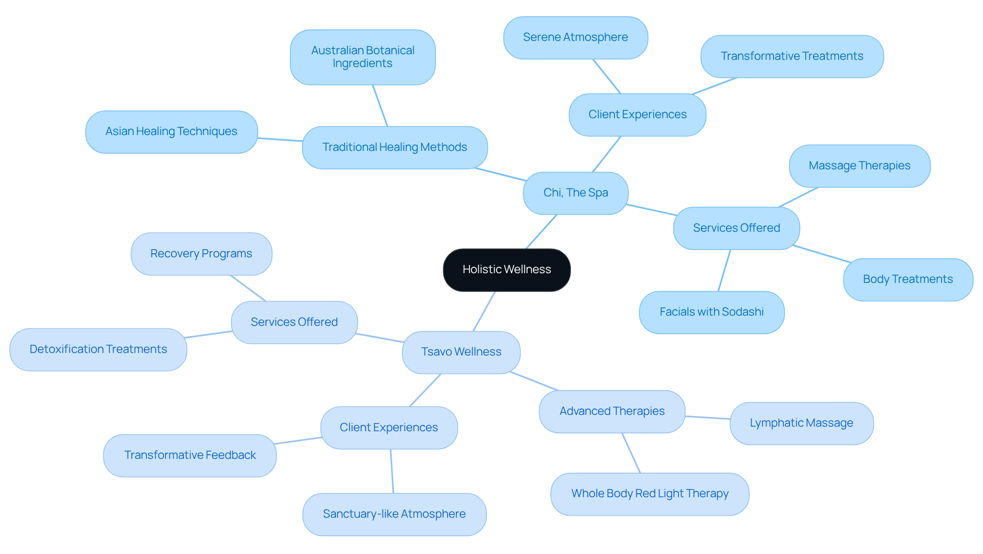 The central node represents the theme of holistic wellness. Follow the branches to explore each spa and see how they uniquely contribute to wellness, from traditional practices at Chi to modern therapies at Tsavo. The central node represents the theme of holistic wellness. Follow the branches to explore each spa and see how they uniquely contribute to wellness, from traditional practices at Chi to modern therapies at Tsavo.