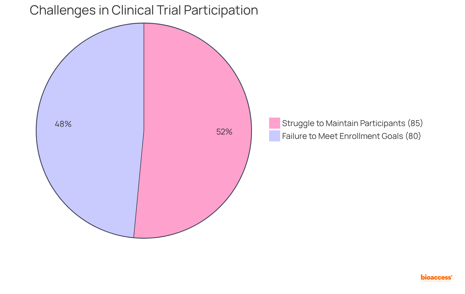 Each slice of the pie shows the challenges faced by medical studies — the bigger the slice, the more significant the issue. 85% struggle to keep enough participants, while 80% miss their enrollment targets.