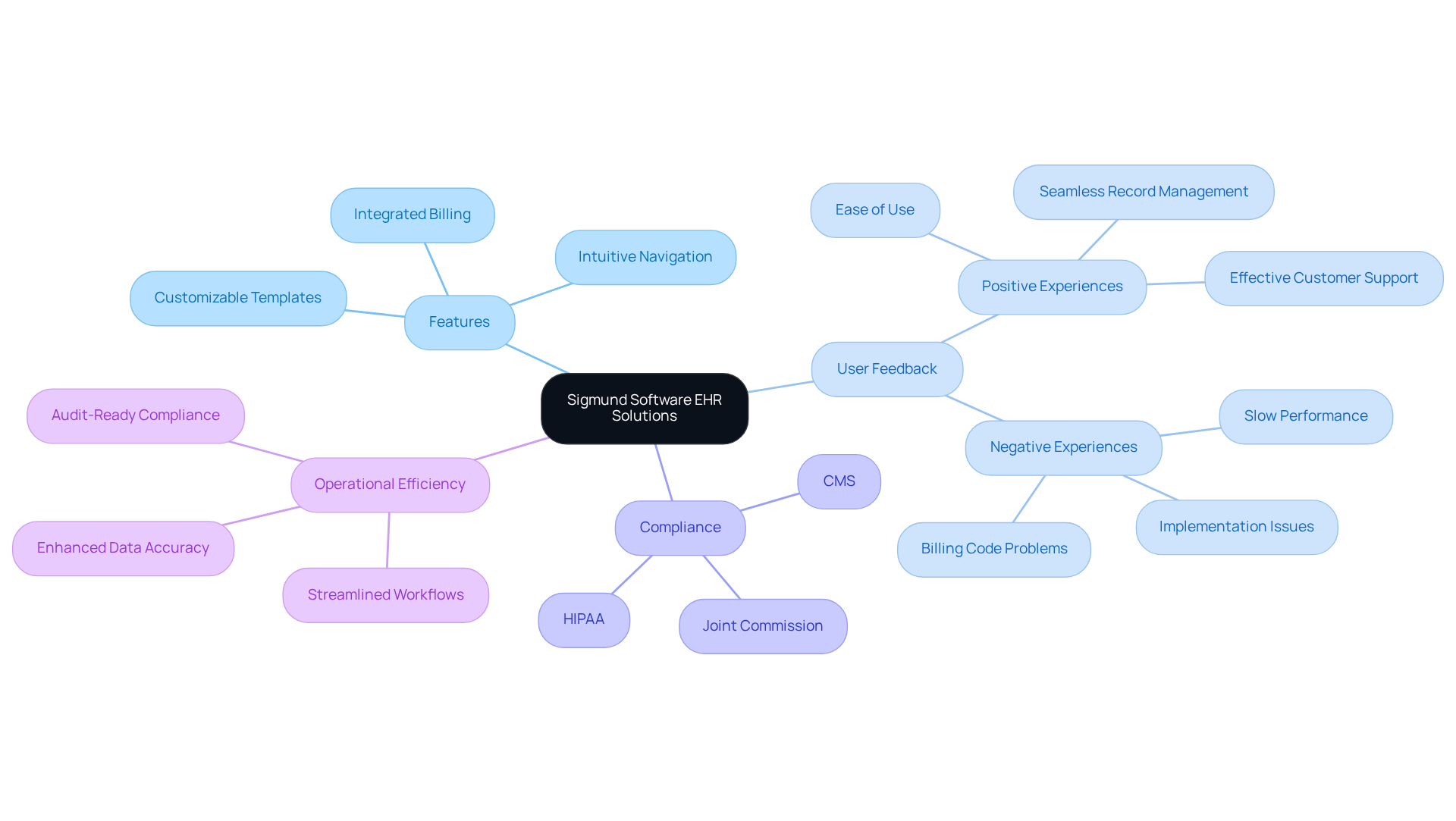 The central node represents the software, while branches show its features, user experiences, compliance standards, and how it improves operational efficiency. Each branch helps you understand different aspects of the software's impact.